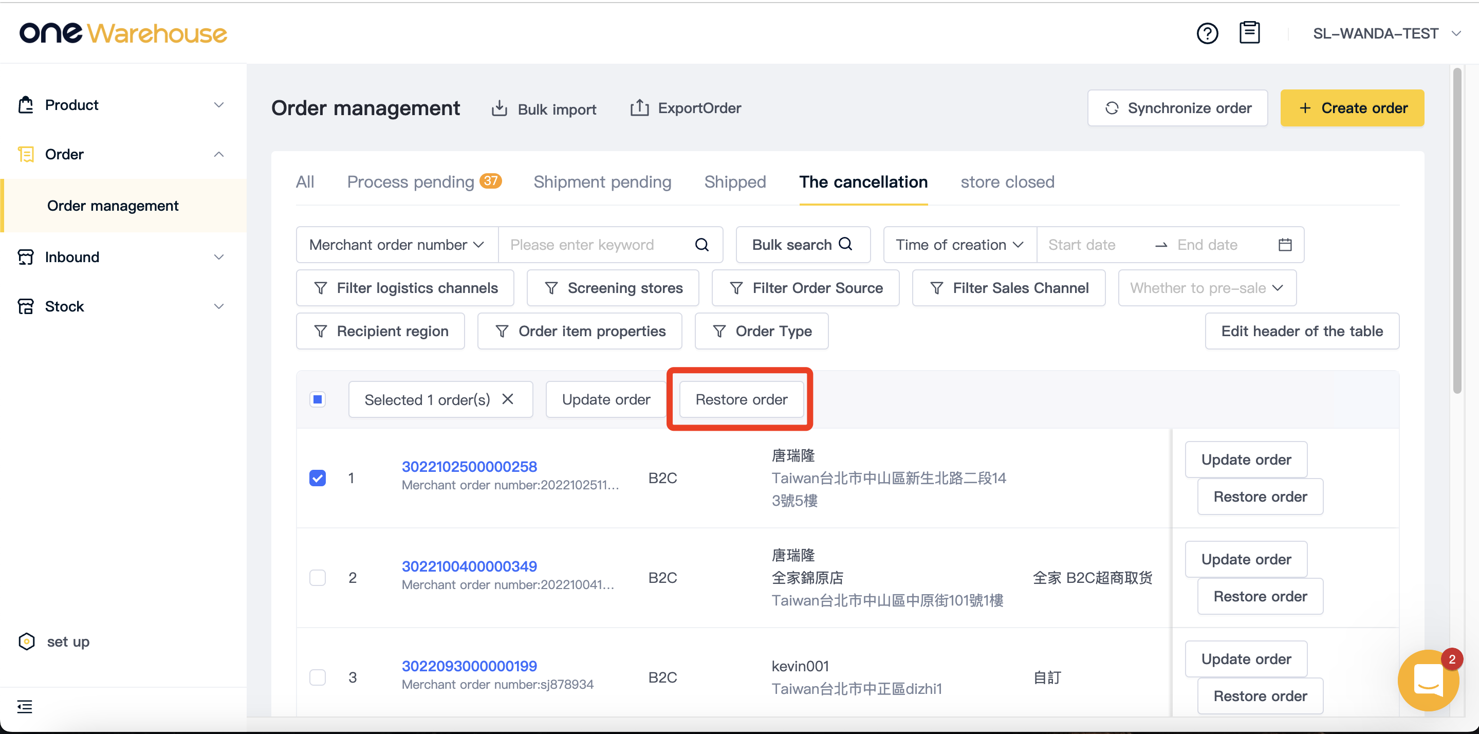 Outbound cancellation and recovery – OneWarehouse
