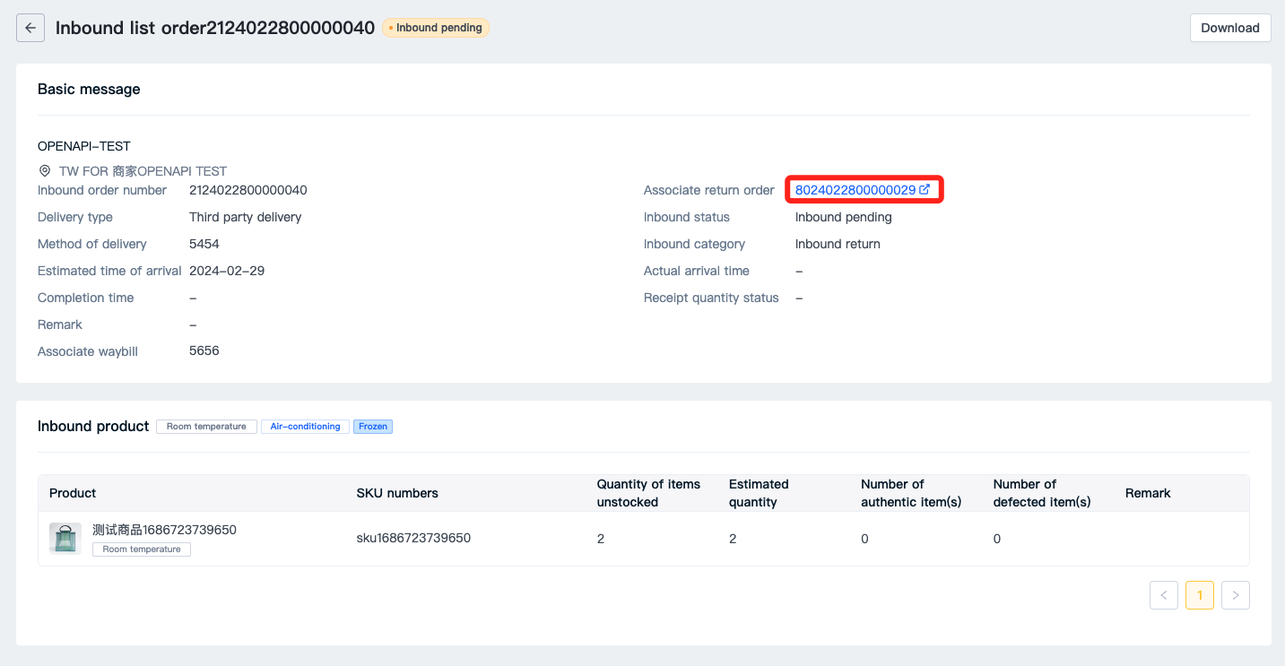 Inbound-inbound return – OneWarehouse